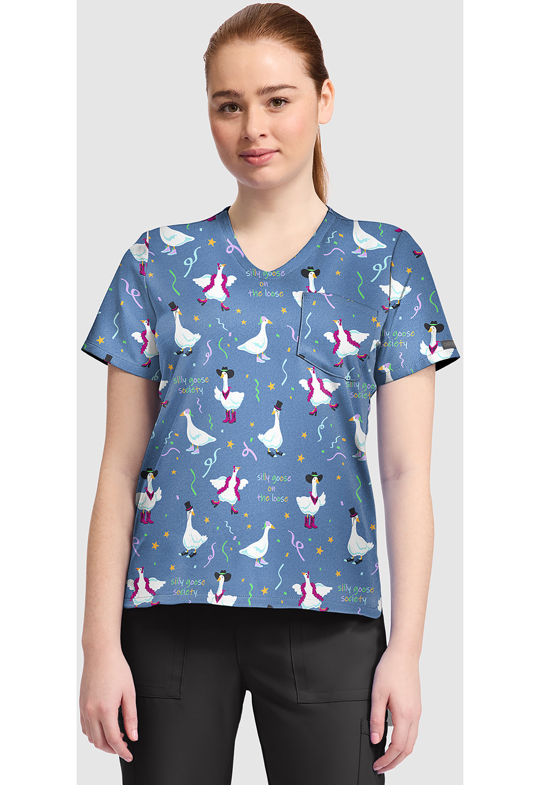 Cherokee CK857 SYGO Silly Goose Print V-Neck Scrub Top - Women's ...