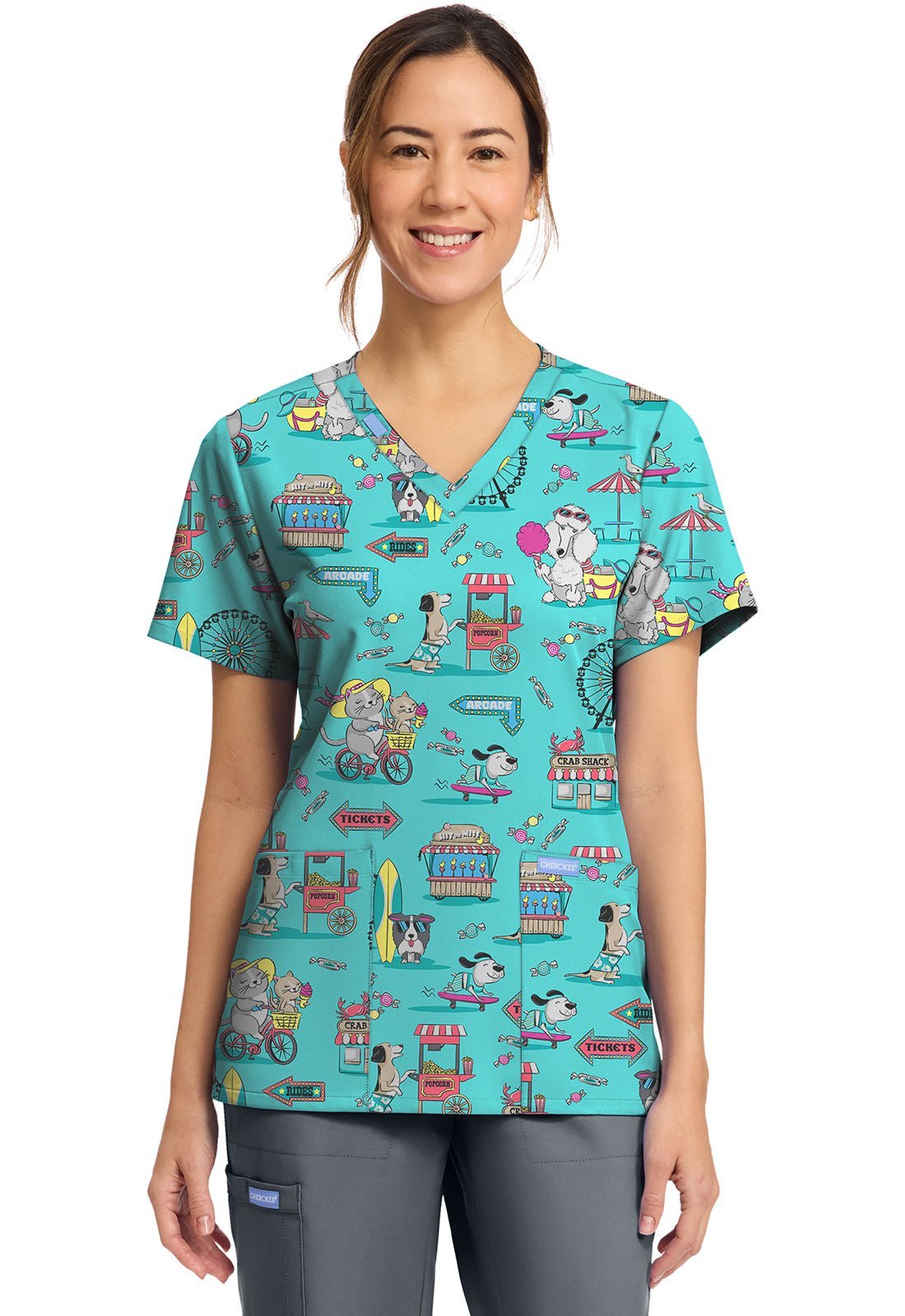 Cherokee CK856 Vintage Boardwalk Animal Print V-Neck Scrub Top - Women ...