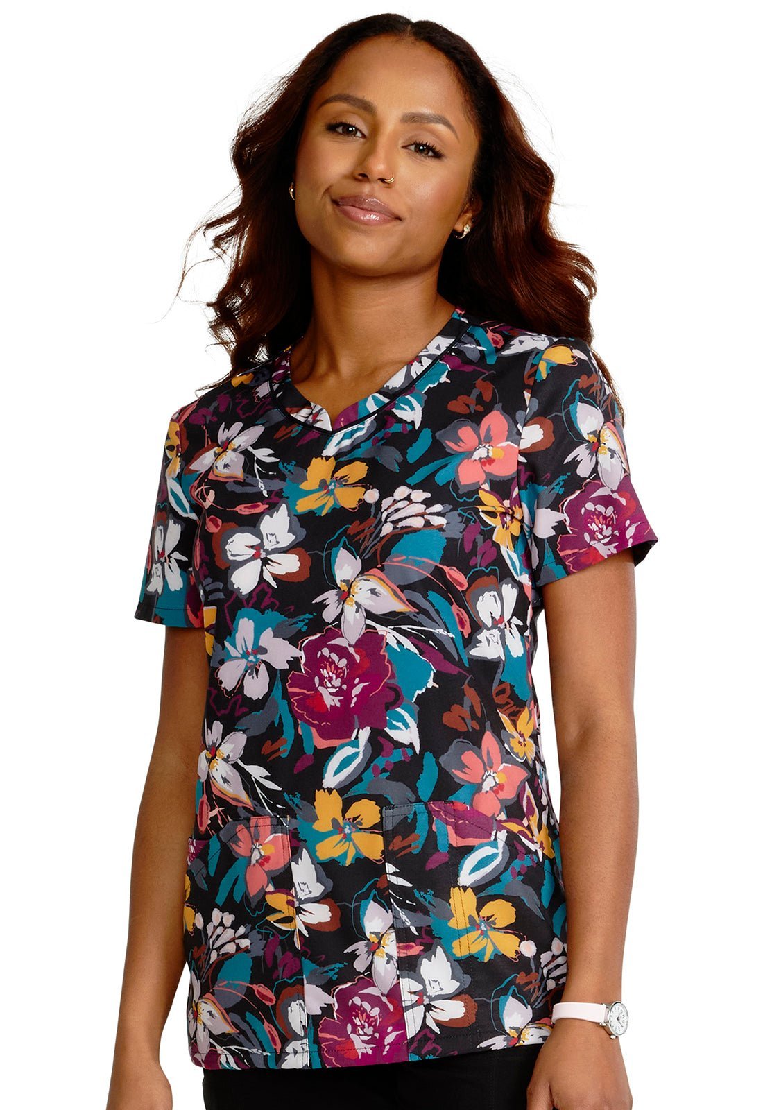 Artful Blooms Cherokee Floral Print V Neck Scrub Top CK678 ARBM ...